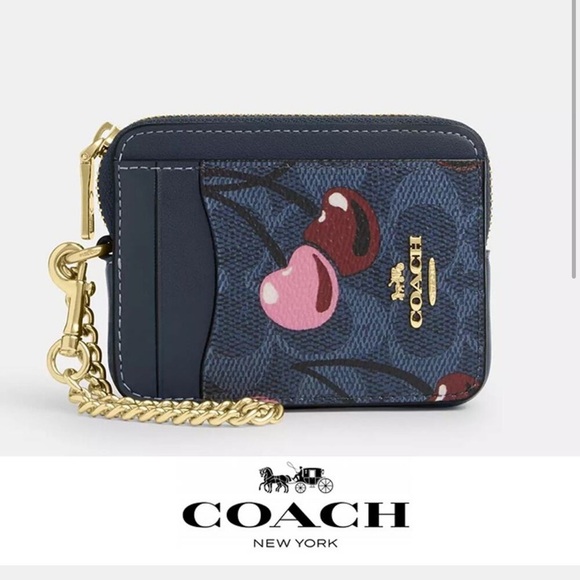 Coach | Bags | Coach Zip Card Case In Signature Canvas With Cherry ...